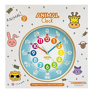 Animal Preschool Clock - Time Teacher 10 Inch Educational Silent Wall Clock with Wood Look Frame - Easy to Read Dial for Teacher's Classrooms, Preschooler's Bedroom & Children Playroom