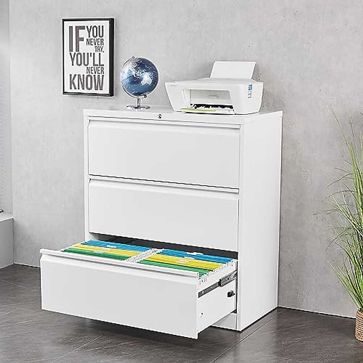 LVSTEEL Lateral File Cabinet with Lock,3 Drawer Stainless Metal Lateral Filing Cabinets, Home Office Storage Cabinets for Organization, Hanging Letter/Legal/A4,Anti-tilt Structure, White