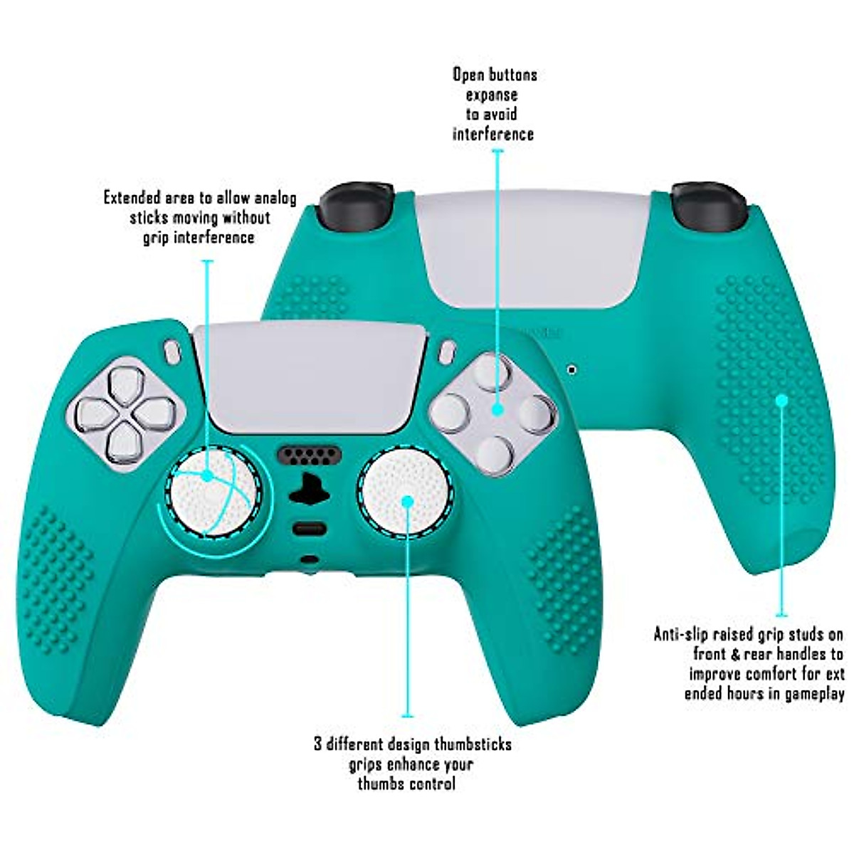 PlayVital Aqua Green 3D Studded Edition Anti-Slip Silicone Cover Skin for ps5 Controller, Soft Rubber Case for ps5 Wireless Controller with 6 White Thumb Grip Caps
