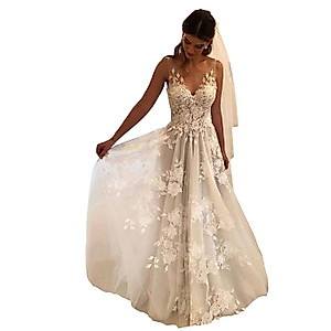Tsbridal Women Wedding Dresses A-line V-Neck Tulle Lace Backless Boho Wedding Gown Bridal Dresses Ivory US 14-1