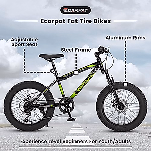 Elecony Ecarpat 20/24/26 Inch Fat Tire Mountain Bike Teenages Boys Girls 7/21 Speed, Front Suspension Disc Brake Bicycle, Carbon Steel Frame Mountain Trail Bike, Beach Bicycle