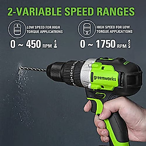 Greenworks 24V Brushless 1/2" Hammer Drill (Metal Chuck / 530 in.-lbs.  / 20+3 Clutch / LED Light) + 5 PC Drill Bits, 2.0Ah Battery and Charger Included