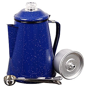 Camping Coffee Percolator - Enamel Coating Gloss Finish And Glass Cap For Backpacking, Campsite, Kitchen And FireCoffee Pot Makes 12 Cups - Comes With Basket For Grounds And Stainless Steel Spoon