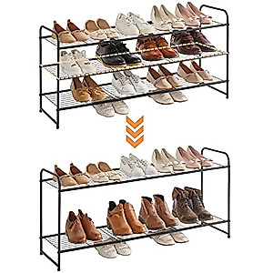 YMYNY Freestanding Shoe Racks, 3 Tiers Stackable & Adjustable Shoe Storage Shelf, Extra Large Capacity Shoe Organizer Stand for 20-24 Pairs, for Entryway, Closet, Bedroom, Black, 42.9" L, UHXJ302B
