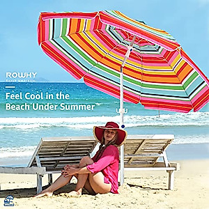 ROWHY 6.5FT Beach Umbrella UV 50+ Outdoor Portable Sunshade Umbrella With Push Button Tilt Sand Anchor and Carry Bag for Patio Garden Beach Pool Backyard (Red and Orange Stripe)