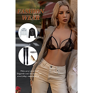 ADSEXY Women Lingerie Set with Garter Belt Sexy 3 Piece Lace Mesh Bra and Panty Set Teddy Babydoll Bodysuit (No Stockings) Black