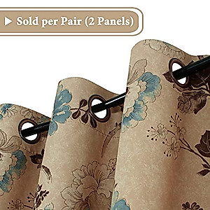 H.VERSAILTEX Blackout Curtains for Bedroom/Living Room Thermal Insulated Printed Curtain Drapes 63 Inches Long Energy Efficient Room Darkening Curtains Pair (2 Panels), Vintage Floral Brown & Blue