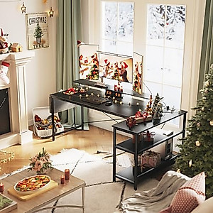 ODK L Shaped 66 Inch Computer Desk with USB Charging Port & Power Outlet, L-Shaped Gaming Desk with Storage Shelves & Monitor Shelf for Home Office Workstation, Modern Writing Table, Black