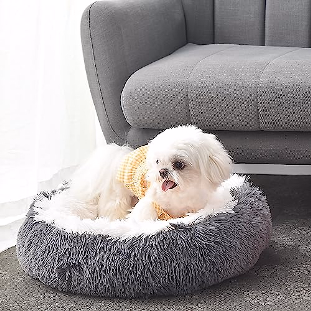 Something Different Calming Dog & Cat Bed, Anti-Anxiety Donut Cuddler Warming Cozy Soft Round Bed, Fluffy Faux Fur Plush Cushion Bed for Small Medium Dogs and Cats,24”,Dark Grey