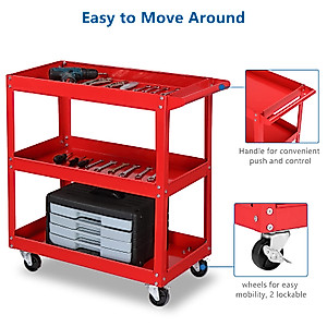 TUFFIOM 3 Tier Rolling Tool Cart, 330 Lbs Capacity, Red, 3 Shelves Steel Utility Cart for Garage, Workshop, Warehouse & Repair Shop