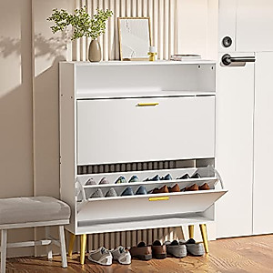 JOZZBY Shoe Cabinet for Entryway, White Narrow Shoe Cabinet with 2 Flip Drawers Slim Shoe Storage Cabinet Freestanding Shoe Organizer Hidden Show Cabinet for Entryway, Hallway, Living Room