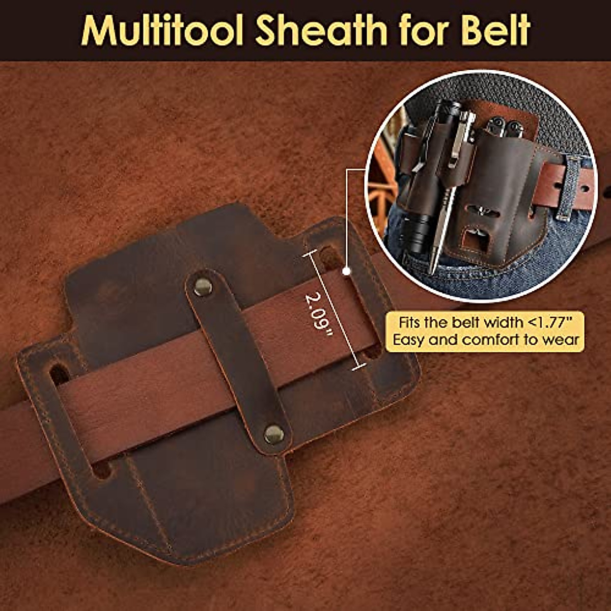 KEVANCHO Multitool Sheath for Belt, Leather Tool Pouch Belt Holster Bag, EDC Pouch Pocket Organizer Case for Knife, Flashlight, Tactical Pen, Camping and Outdoor, Valentines Day Gift for Him (Brown)