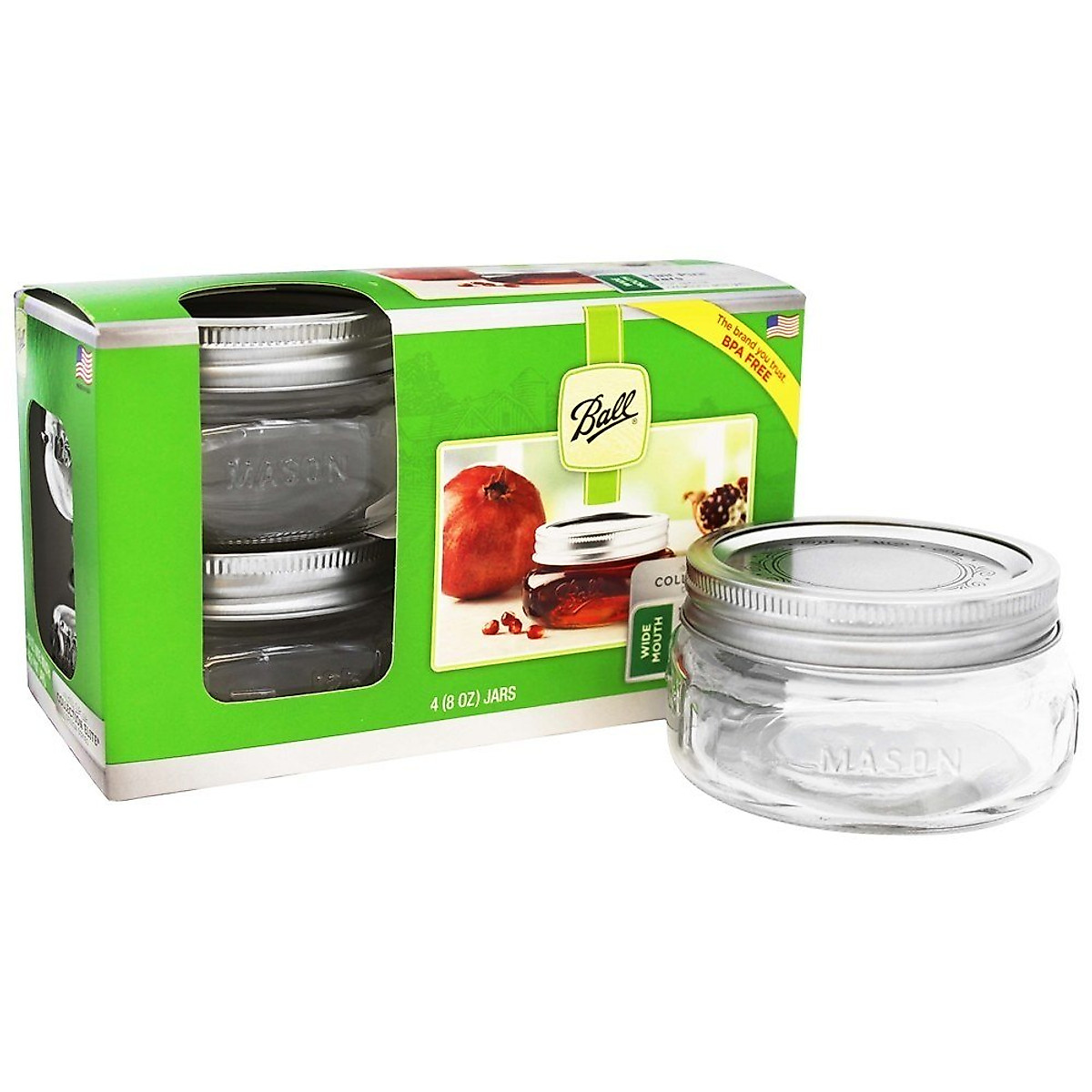 Ball FBA_61162 Collection Elite Half Pint, Wide Mouth, Set of 4, 4 Count (Pack of 1), Brushed Silver Lid, Clear Jar