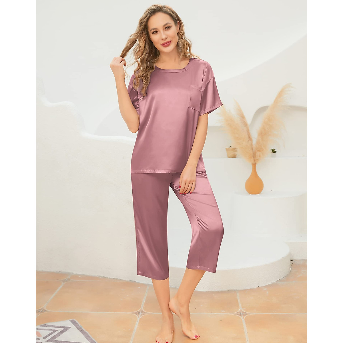 SWOMOG Womens 2 Piece Satin Pajamas Silk Short Sleeve Pjs Sets Capri Bottom Pajama Pants Loose Outfit with Pockets Misty Rose Medium
