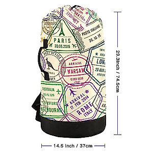 Travel Stamps Visa Nylon Travel Laundry Bag for Luggage Dirty Heavy Duty Dirty Clothes Organizer with Drawstring Closure & Shoulder Straps Laundry Hamper Liner for Apartment College Dorm Factories