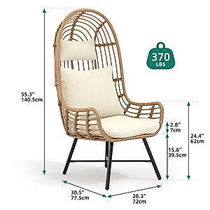 YITAHOME Outdoor Narrow Egg Chair, Patio Wicker Basket Chair with 370lbs Capacity Indoor Egg Chairs with Stand & Cushion Cocoon Chair for Bedroom, Patio, Balcony (Beige)