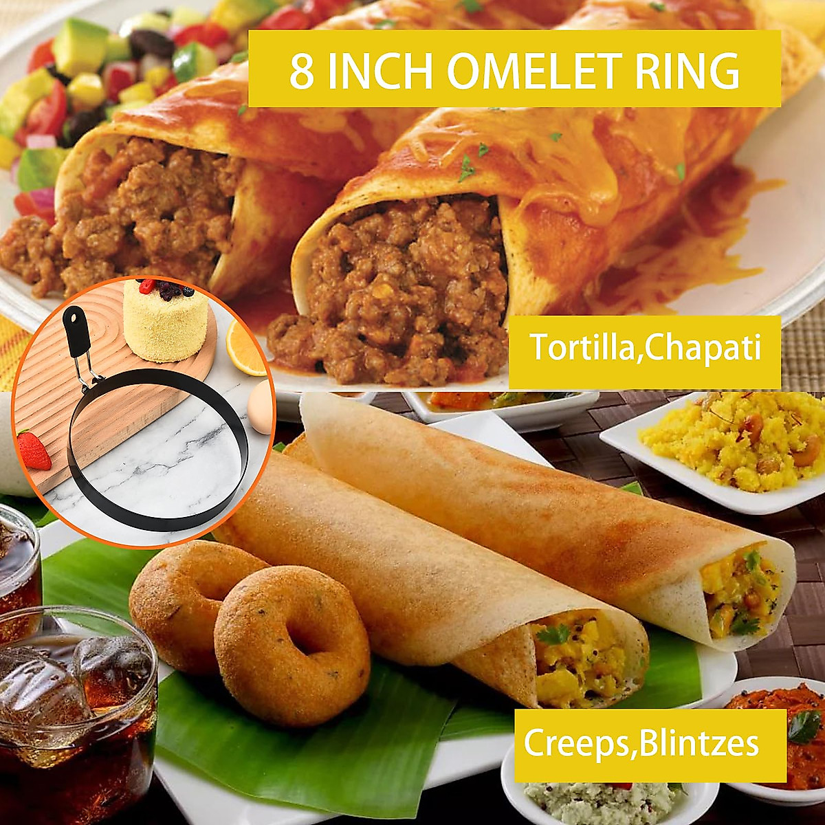 4 Packs Omelet Ring & Pancakes Ring & Egg Ring Set for Griddle,Non-stick Stainless Steel 8" Omelette Ring 6" Pancake Rings 4" Crumpet Ring,3" Egg Ring,Griddle Crepe Ring Egg Maker with Silicone Handle