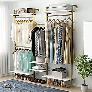 Auromie Gold Wall Mount Clothes Rack with 4 Hanging Rods, Clothing Rack with 6-Tier Adjustable Shelves, Closet Storage Organizer System Kit, Heavy Duty Garment Rack with Metal (80.43" L*78.62" H)