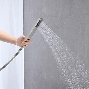 Wowkk Freestanding Bathtub Faucet Waterfall Tub Filler Brushed Nickel Floor Mount Brass Single Handle Bathroom Faucets with Hand Shower