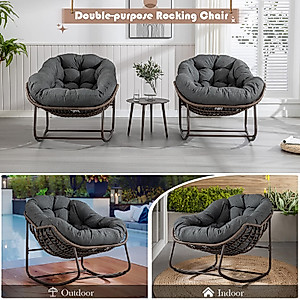 Patio Outdoor Rocking Chair Set of 2, Indoor Rattan Rocker Egg Chair, Comfy Oversized Papasan Chair with Thicker Cushion for Patio, Front Porch, Backyard, Garden, Balcony, Lounge, Living Room, Grey