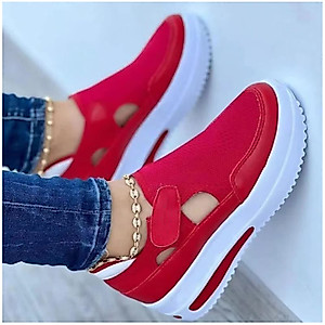EEUK 2022 Spring Sneakers Women Casual Breathable Sport Shoes, New Flat Fly Woven Breathable Hook and Loop Fastener Casual Mesh Sneaker Casual Comfort Outdoor Walking Shoes(Size:7,Color:Red)