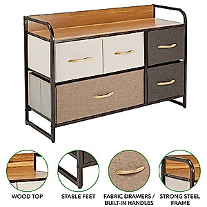 mDesign Wide Dresser Chest with 5 Removable Fabric Drawers - Furniture Storage Unit with Steel Frame and Wood Top for Bedroom, Office, Home Organization - Multi-Color/Espresso Brown