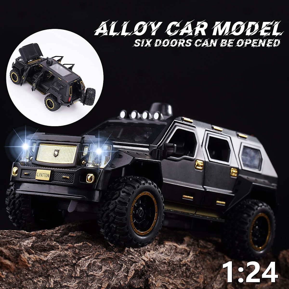 ORALEAF Die Cast Metal Toy Cars, 1/24 Scale Off-Road Car Toy Model with Sound and Light, Gifts for 3 Year Old Boys and up