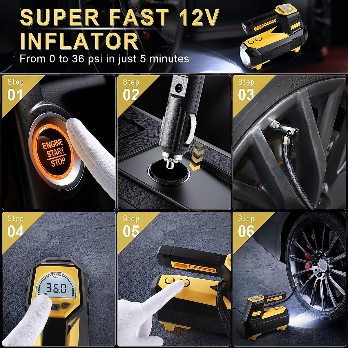 LivTee Tire Inflator Portable Air Compressor for Car Tires - Car Accessories, 12V DC Air Pump with Digital Tire Pressure Gauge, Max 150PSI with Emergency LED Lights for Car, Camper, RV, Truck