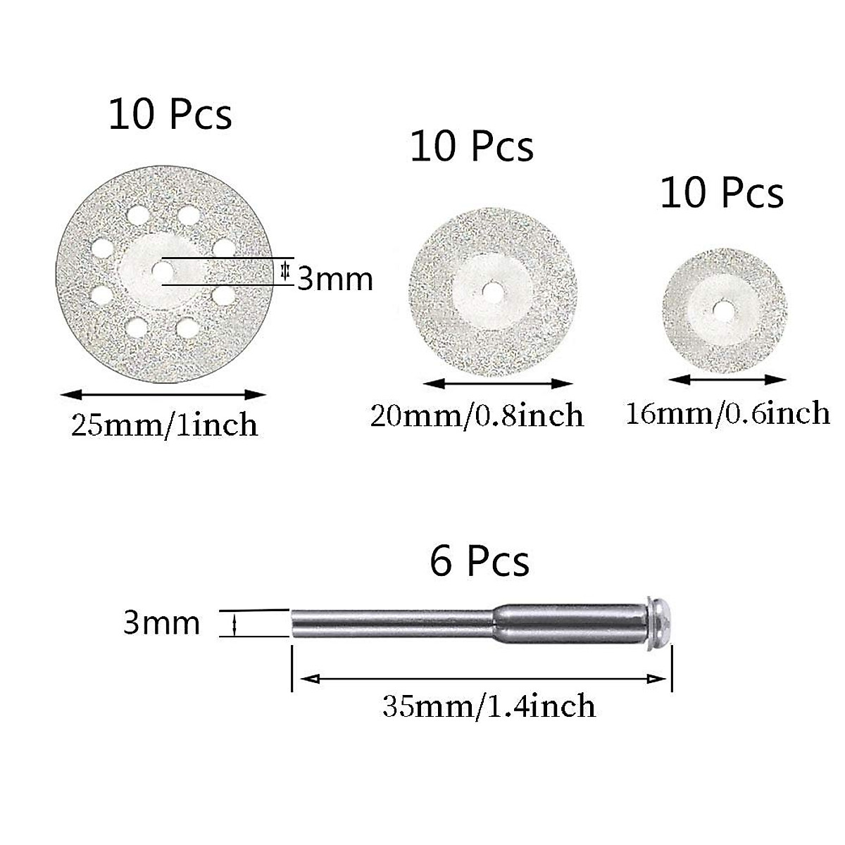 Hamineler 30 Pcs Diamond Cutting Wheel (25mm/20mm/16mm Each 10), Diamond Coated Cutting Wheel and 6pcs 3mm Mandrel for Rotary Tool