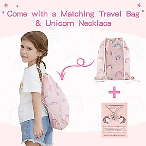 urnexttour Travel Neck Pillow for Kids, Best Unicorn Gifts for Girls with Drawstring Backpack/Necklace/Sleep Mask &Earplugs, Travelling Pillow Set for Airplane, Car, Train, Bus and Home Use (Pink)