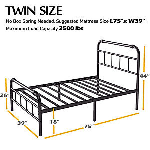 BOSRII Twin Size Bed Frame with Headboard and Footboard, 18 Inches High, 3500 Pounds Heavy Duty Metal Slats Support for Mattress, No Box Spring Needed,Noise-Free, Black