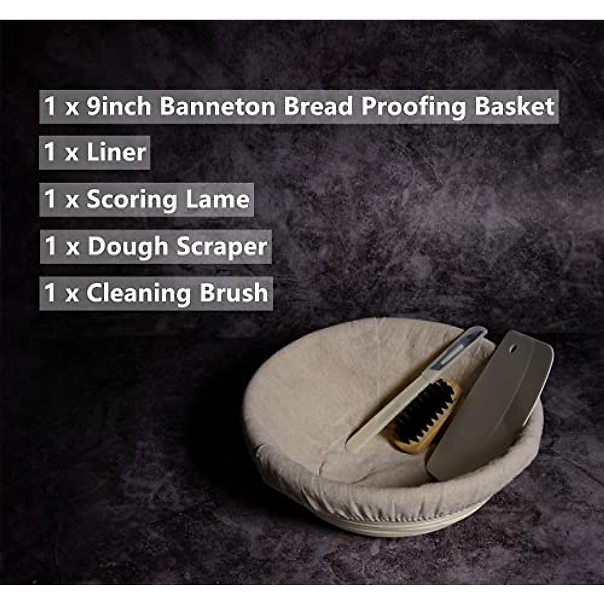 Banneton Bread Proofing Basket set, for Sourdough Bread Baking, Brotform Dough Rising Bowl, 9inch Round Rattan Basket with Baking Tools Kit, Cloth Liner, Scoring Lame, Scraper, Brush, Gifts for Bakers
