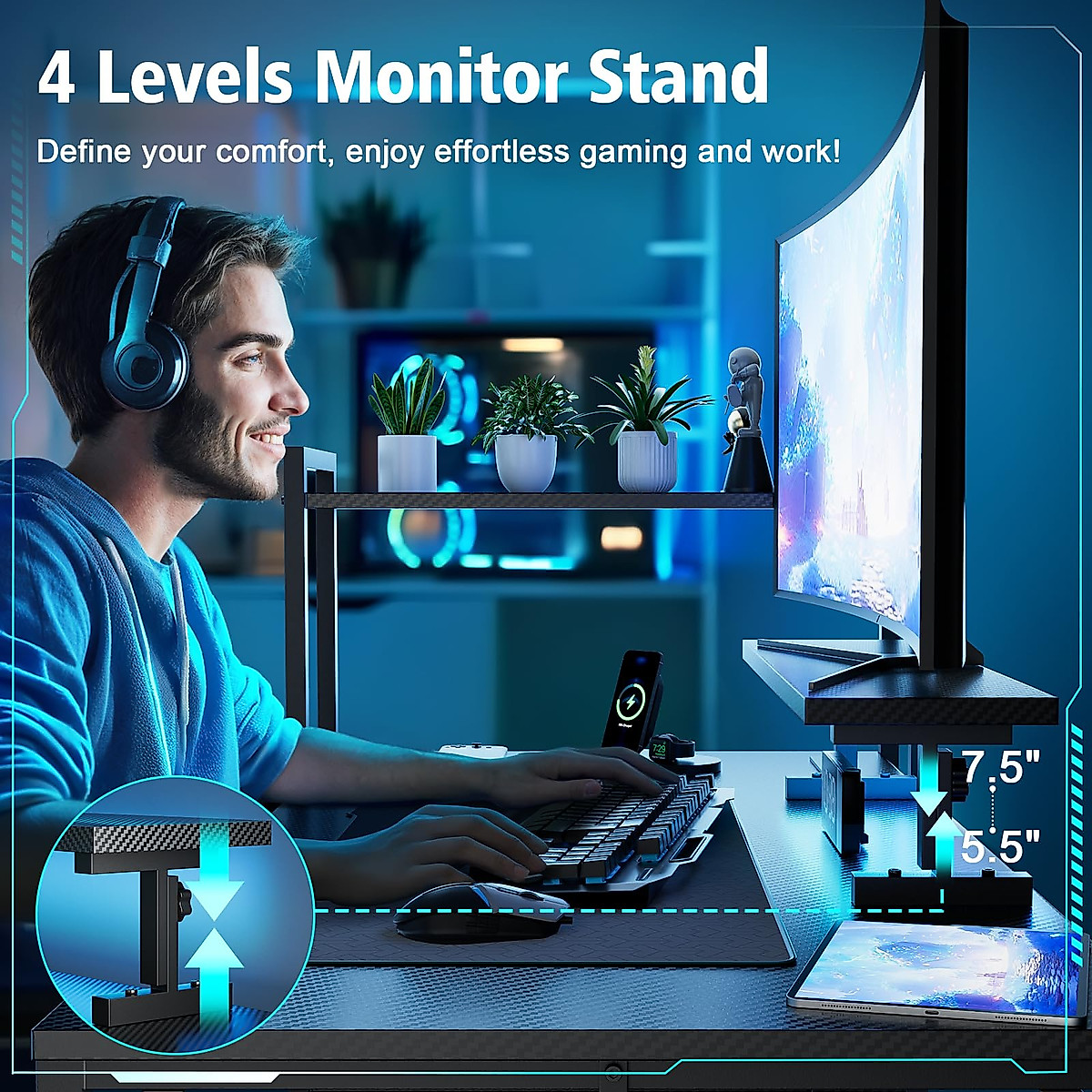 OMICON Computer Desk with LED Light, 42-55 Inch Gaming Desk with Reversible Storage Shelves, Office Desk with Power Outlets Corner Desk for Home Office, Small Space Desk Black Carbon Fiber (42)