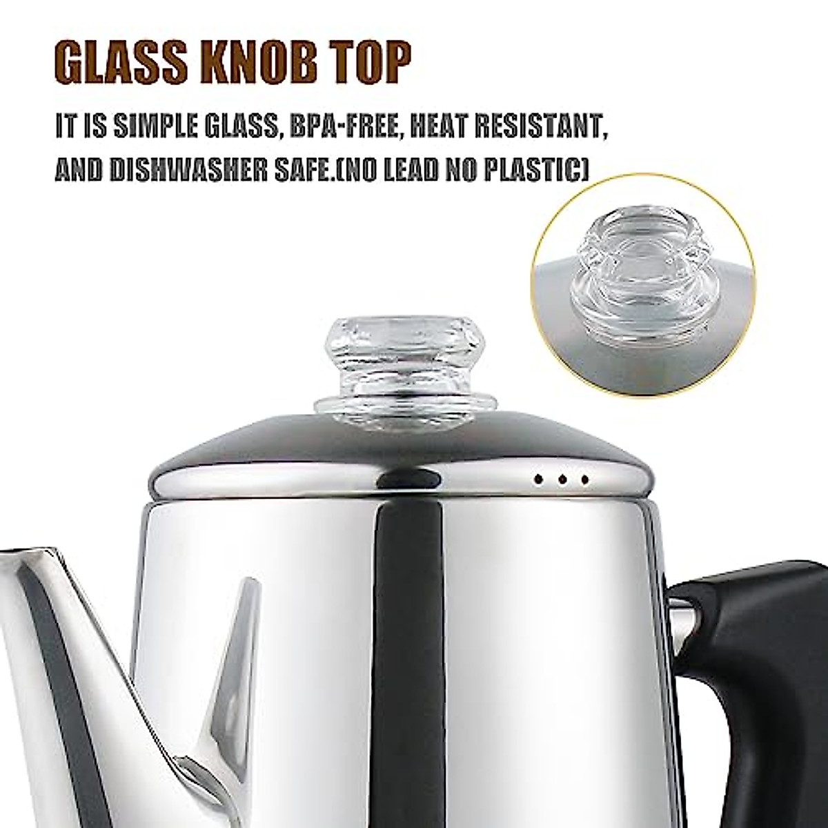 APOXCON Electric Coffee Percolator with ETL Approval, Stainless Steel Coffee Maker 1000 Watt with Simple Glass Knob Top, Auto Keep Warm Function & Cord-less Sever, Easy to Clean (12 Cup)