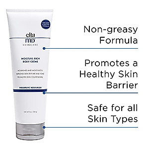 EltaMD Moisture-Rich Body Creme, Moisturizing Face and Body Cream For Dry Skin and Sensitive Skin, Dermatologist Recommended, Fragrance Free, Sensitivity Free, Vegan Body Lotion, 8 oz Tube