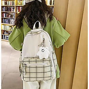 MBVBN Cute Plush Pendant Plaid Backpack Patchwork Travel Student Laptop Bag (Green), Medium