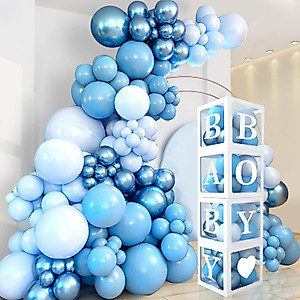 DataMoon Baby Shower Decorations for Boy - Navy Blue Baby Blue Different Sizes Light Blue Balloon Arch Kit,4pcs Boxes with Letters for Baby Boy Shower,Happy Birthday Decorations,Gender Reveal Party