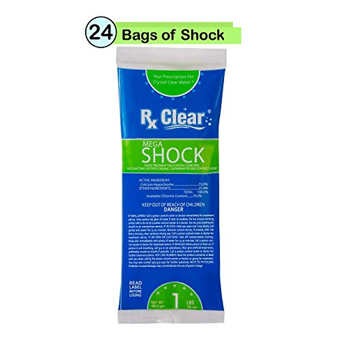 Rx Clear Mega Shock | 73% Calcium Hypochlorite | Kills Algae in Swimming Pools | Works As Pool Sanitizer Clarifier and Algicide | One Pound Bags | 24 Pack