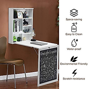 Tangkula Folding Floating Desk with Chalkboard, Wall Mounted Space Saving Fold Up Convertible Table with Storage Shelves & Hooks (White)