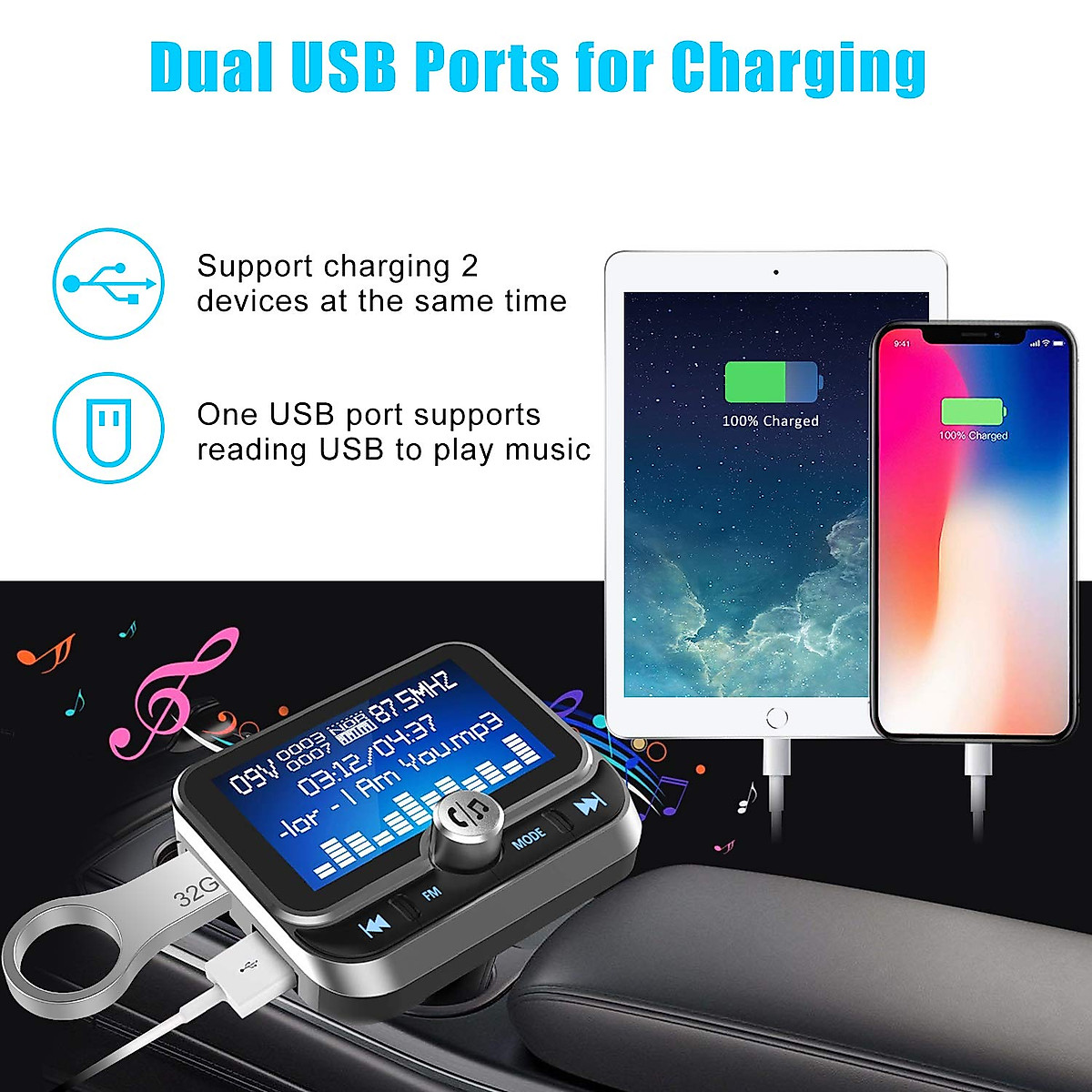 ToHayie Bluetooth FM Transmitter for Car, Transmitter Bluetooth Car Wireless Radio Adapter Hands-Free Car Kit with 1.8 inch Display, Dual USB Car Charger, AUX Input/Output, TF Card Mp3 Player, Silver