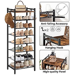 MAHANCRIS 8-Tier Metal Shoe Rack, Narrow Shoe Storage Organizer for Closet Entryway, Hold 7-12 Pairs of Shoes, Tall Skinny Shoe Shelf with 7 Metal Shelves, Easy Assembly, Rustic Brown SRHR0801Z