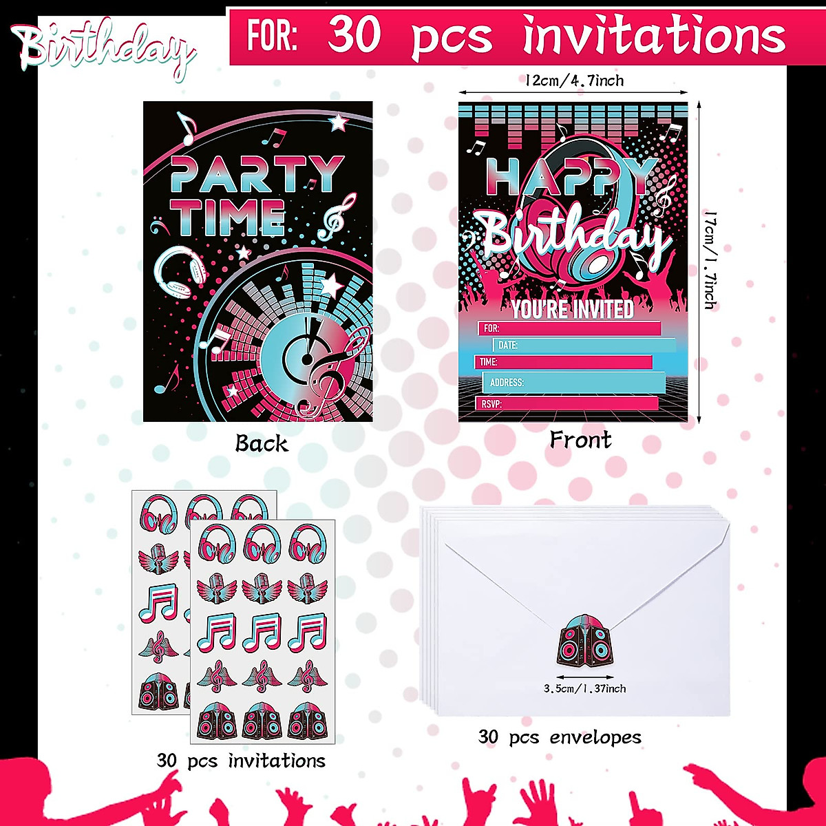 Pajean 30 Pack Music Birthday Party Invitations Dance Party Invite Cards with Envelopes Stickers Halloween Glow in the Dark Party Supplies Favors
