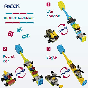 Dr.RAY Kids Toothbrush with Building Blocks and Toothbrush Covers, Extra Soft, Ages 6+ (Pack of 3, Multi-Colored)