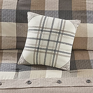 Madison Park Ridge Comforter Set-Cabin Lodge Plaid Herringbone Design All Season Down Alternative Cozy Bedding with Matching Bedskirt, Shams, Decorative Pillow, Queen(90"x90"), Neutral 7 Piece