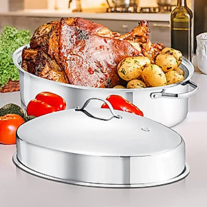 NutriChef Oval Roasting Pan, Roaster with Polished Rack, Wide Handle and Stainless Steel Lid, Turkey Chicken Roasting Pan Great for Dinners, Tender Roast, Deep Dishes, and More