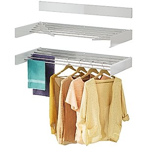 kenvc Laundry Drying Rack Collapsible, Wall Mounted, Clothes Drying Rack, 40" Wide, 16.4 Linear Ft, 5 Aluminum Rods, 60 lb Capacity, with Wall Template, Screwdriver Bit, Drill Bit (White 40" Large)
