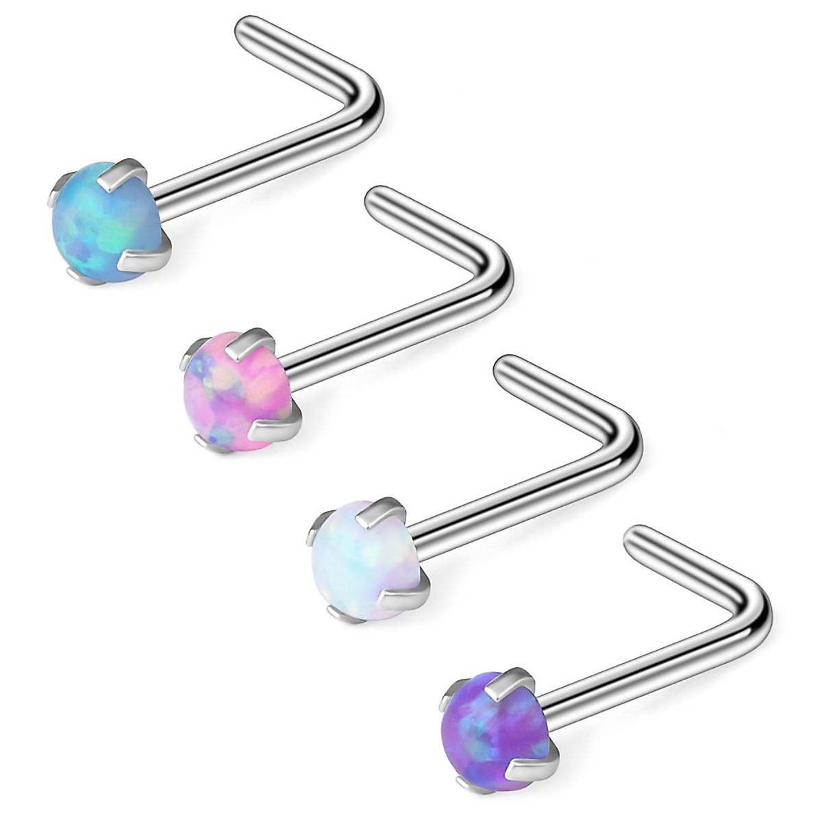 Ruifan 18G 316L Surgical Steel 3mm Mix Color Opal Nose L-Shaped Rings Studs Ring Body Piercing Jewelry 4PCS