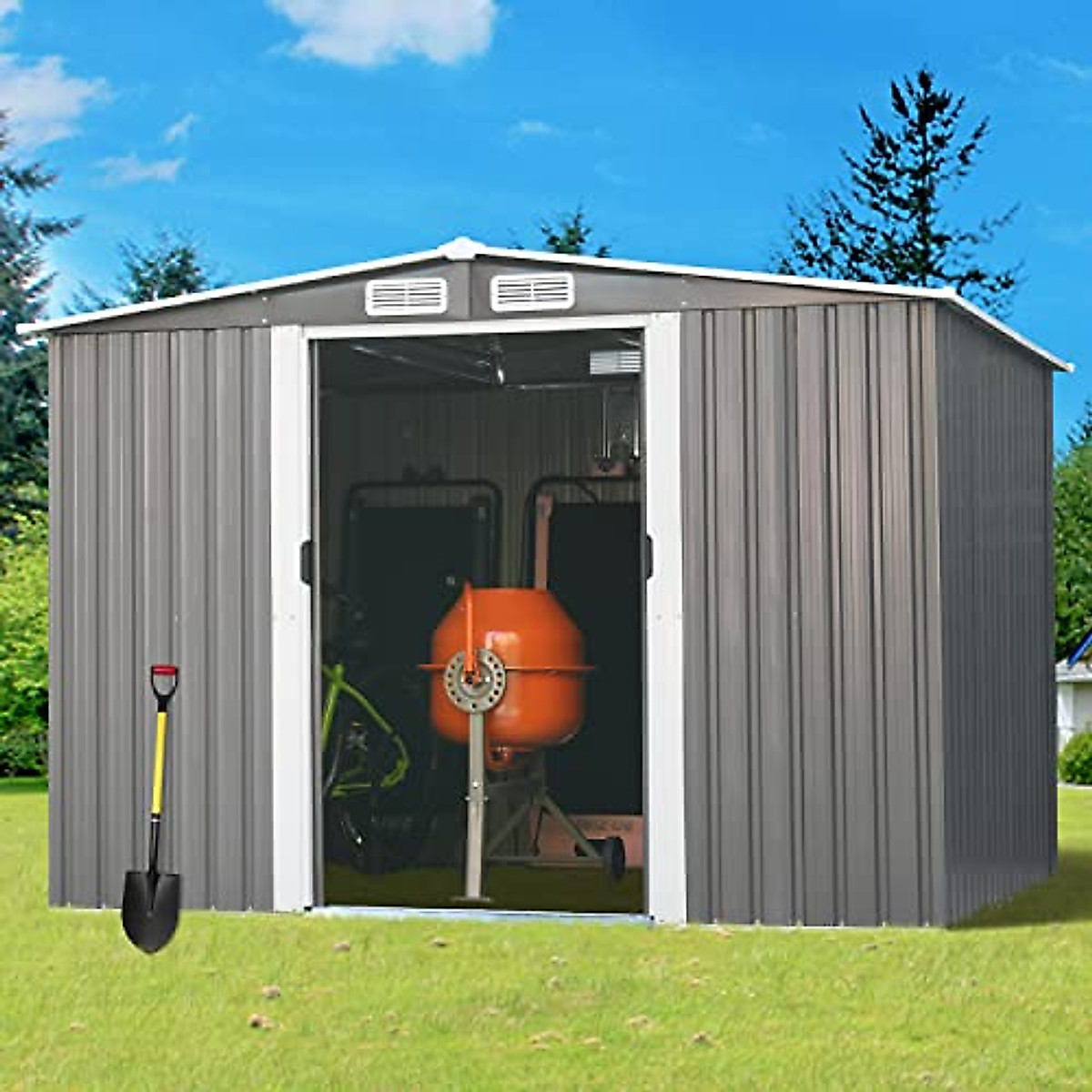 8 x 6 FT Outside Storage Shed, Metal Outdoor Storage Sheds with Sliding Doors, Large Garden Shed Outdoor Utility Tool Shed with Pent Roof for Backyard Patio Lawn, Gray