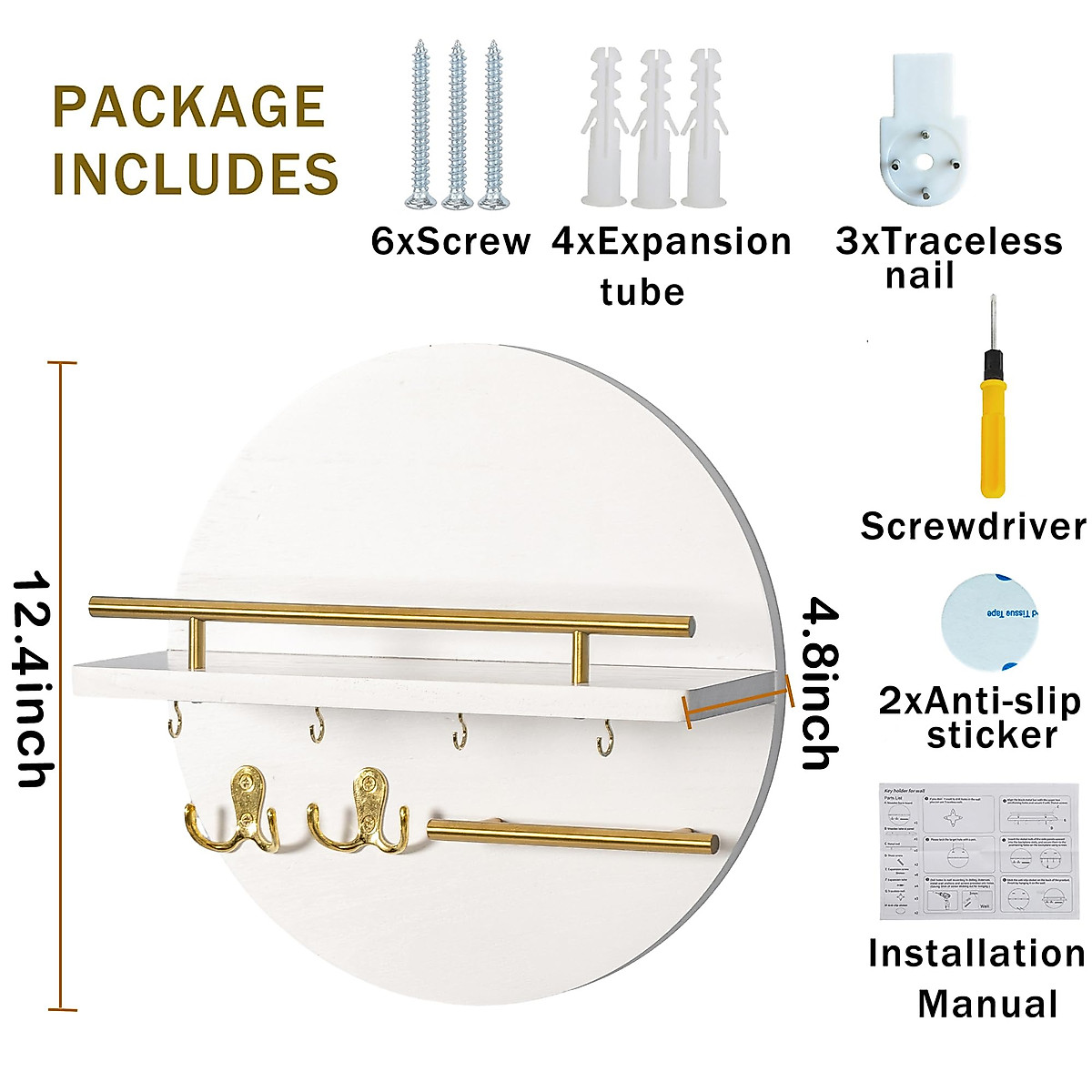 Key Holder for Wall Decorative with Shelf and Hooks, Mail Organizer Wall Mount with Sunglasses Holder, Circular Design Entryway Key Rack Hanger, Rustic Home Decor Boho Wall Decor (White)