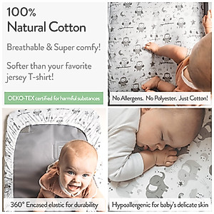 Joey + Joan Bassinet Fitted Sheets 19" x 32" for Cowiewie Bedside Sleeper Bassinet Mattress Pad – Snuggly Soft 100% Jersey Cotton – Grey Stars Elephants – 2 Pack